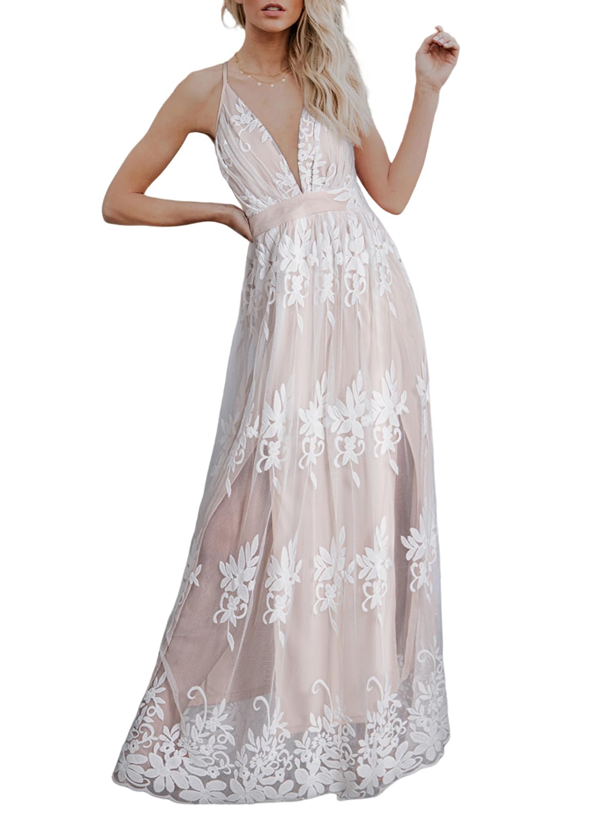 Dokotoo Womens Sexy V Neck Sleeveless Spaghetti Straps Elegant Embroidered High Slit Sheer Mesh Dresses Backless Maxi Long Formal Evening Party Prom Dress Bridesmaid Wedding Guest Dresses White Small