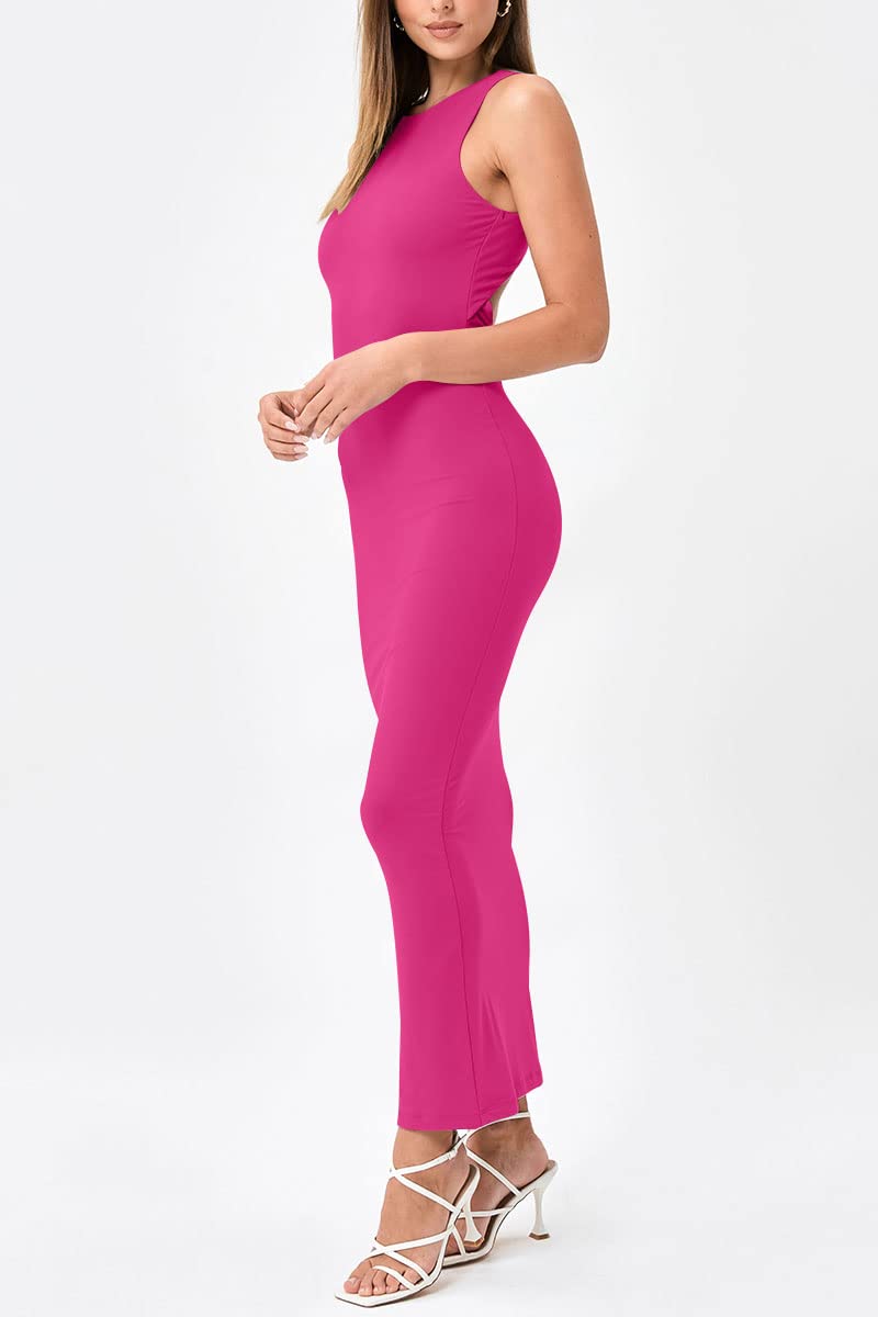 LILLUSORY Womens Hot Pink Dresses Casual Sexy Sleeveless Casual Bodycon Party Maxi Backless Summer Cute Long Y2K Dress