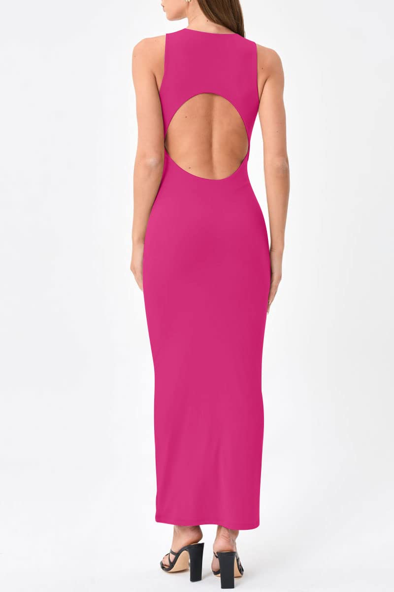 LILLUSORY Womens Hot Pink Dresses Casual Sexy Sleeveless Casual Bodycon Party Maxi Backless Summer Cute Long Y2K Dress