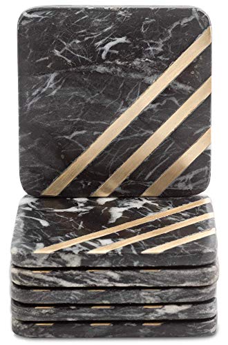 Cork & Mill Marble Coasters for Drinks - Handcrafted Modern Coasters - Square Drink Coasters - Black Marble Coasters with Gold Brass Inlay - Made from Real Solid Marble - Set of 6
