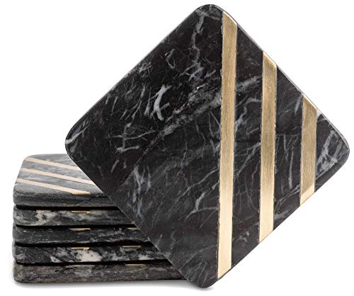 Cork & Mill Marble Coasters for Drinks - Handcrafted Modern Coasters - Square Drink Coasters - Black Marble Coasters with Gold Brass Inlay - Made from Real Solid Marble - Set of 6