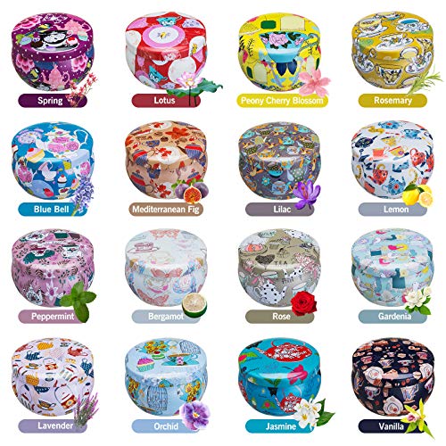 Howemon Scented Candles Gift Set, Natural Soy Wax Portable Travel Tin Candles Women Gift with Strongly Fragrance Essential Oils for Stress Relief and Aromatherapy - 16 Pack