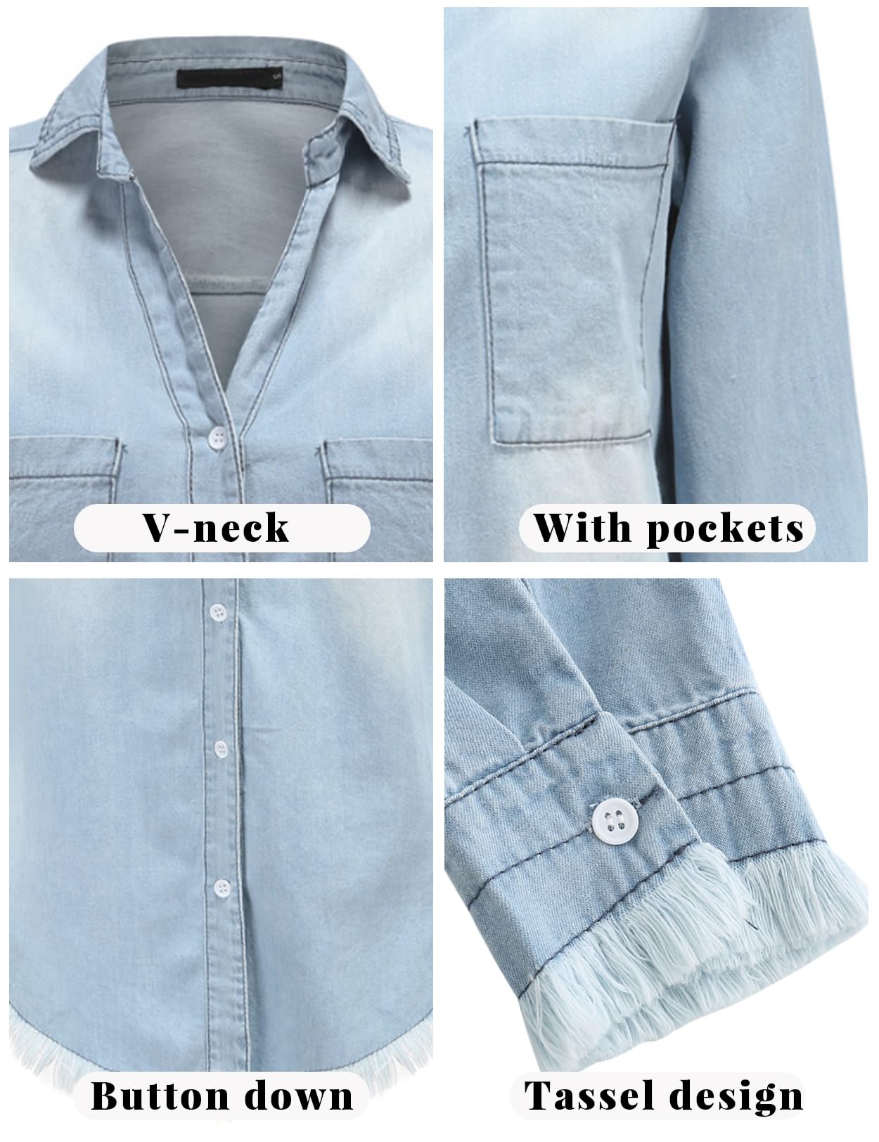 Zilcremo Women Denim Shirt Dresses Long Sleeve Distressed Jean Dress Button Down Casual Tunic Top Lightblue XXL
