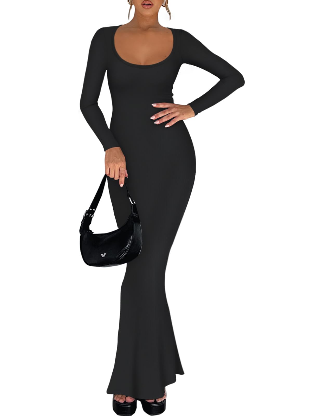 REORIA Womens Sexy Casual Scoop Square Neck Long Sleeve Soft Lounge Long Dress Fall Wedding Guest Elegant Ribbed Bodycon Maxi Dresses Black Large