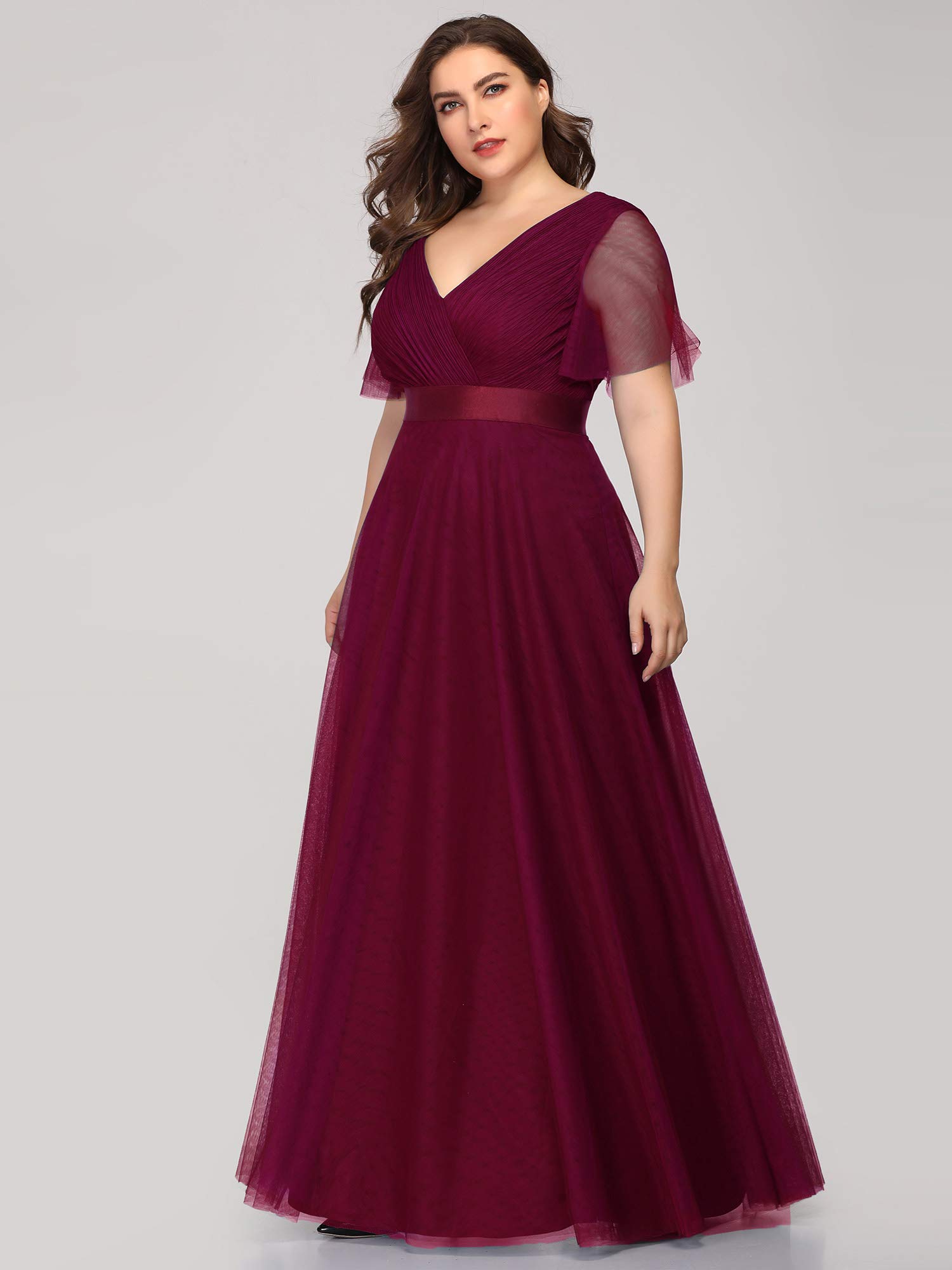 Ever-Pretty Women's Double V-Neck Empire Waist Front Wrap Plus Size Chiffon Prom Dress Burgundy US22