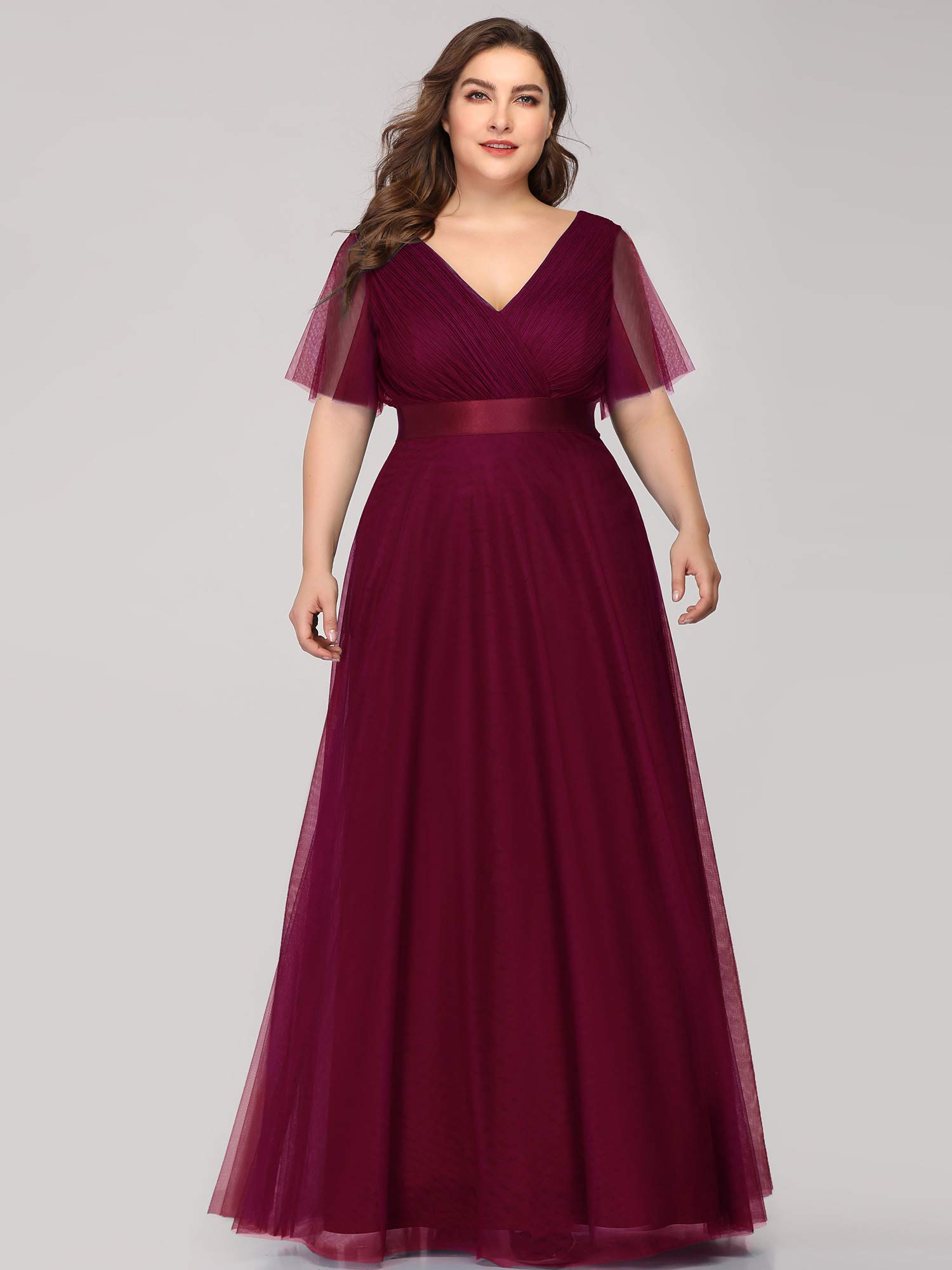 Ever-Pretty Women's Double V-Neck Empire Waist Front Wrap Plus Size Chiffon Prom Dress Burgundy US22