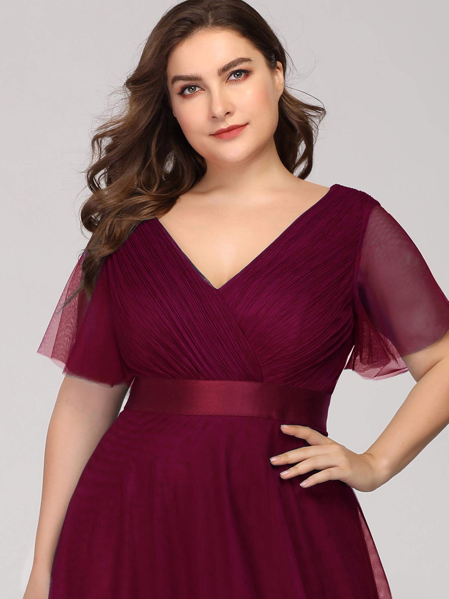 Ever-Pretty Women's Double V-Neck Empire Waist Front Wrap Plus Size Chiffon Prom Dress Burgundy US22