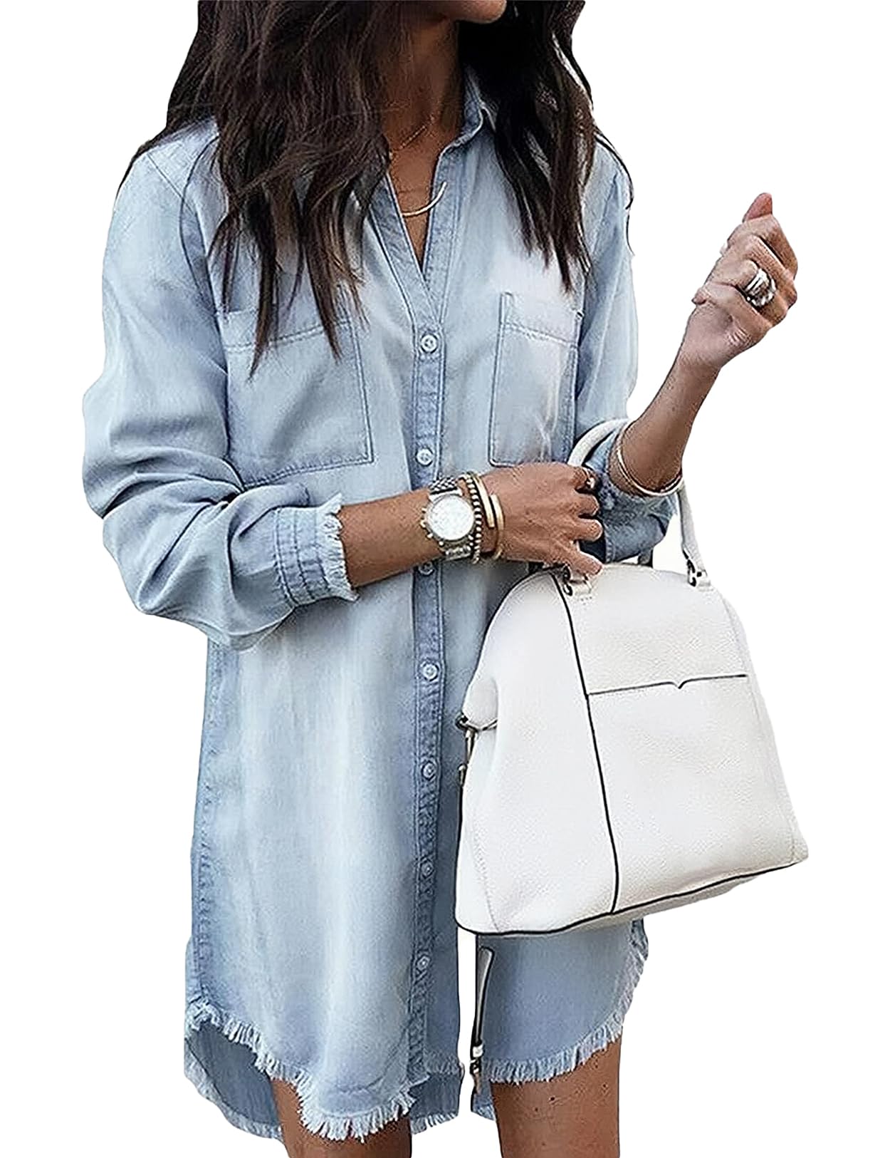 Zilcremo Women Denim Shirt Dresses Long Sleeve Distressed Jean Dress Button Down Casual Tunic Top Lightblue XXL