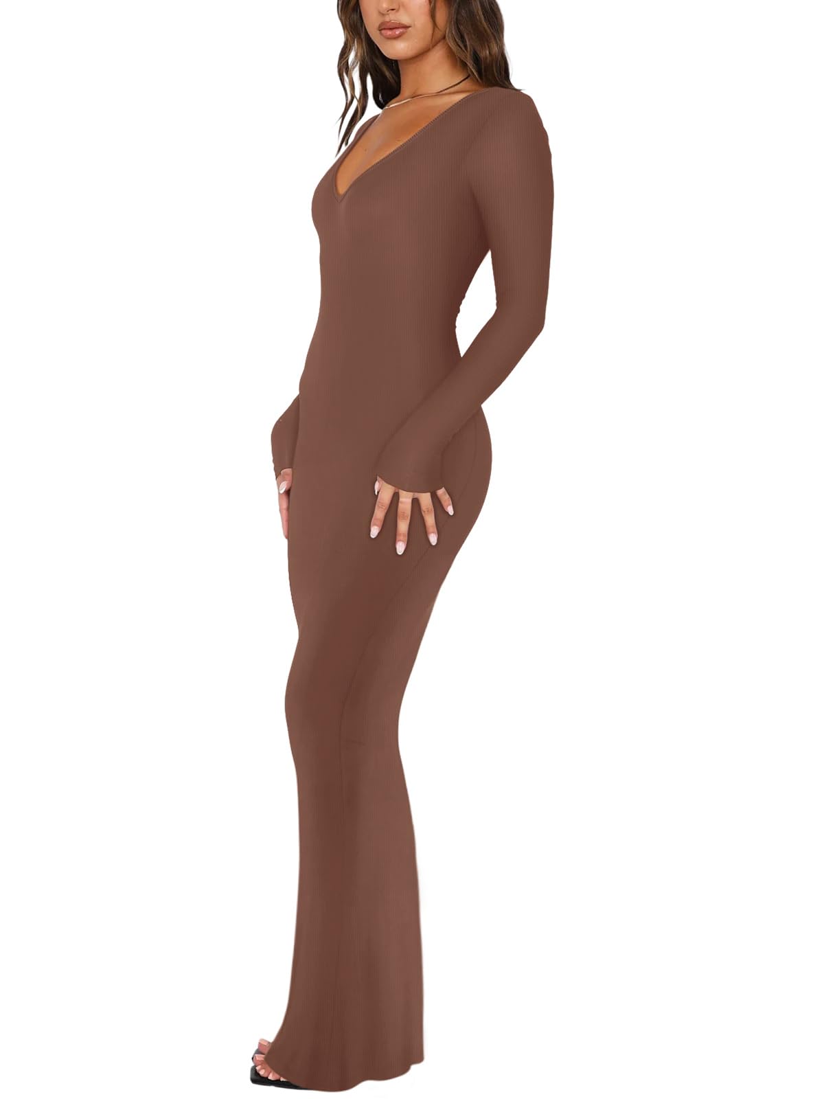 REORIA Women's Sexy Soft Lounge Ribbed Long Dress Fall Elegant Formal Wedding Guest Long Sleeve Deep V Neck Bodycon Maxi Dresses Coffee X-Large