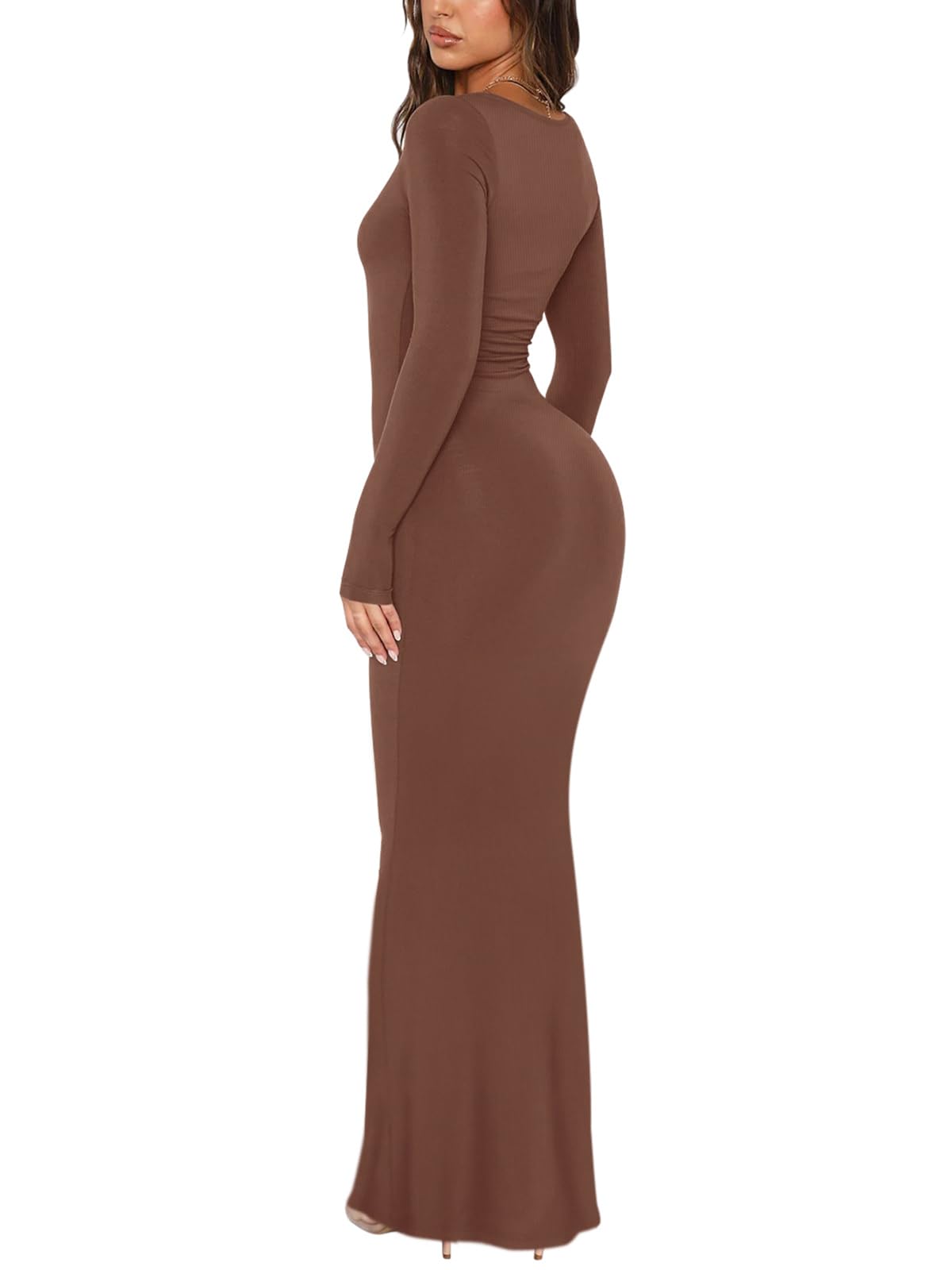 REORIA Women's Sexy Soft Lounge Ribbed Long Dress Fall Elegant Formal Wedding Guest Long Sleeve Deep V Neck Bodycon Maxi Dresses Coffee X-Large