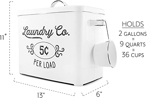 AuldHome Farmhouse Laundry Powder Container, White Enamelware Detergent Bin with Scoop
