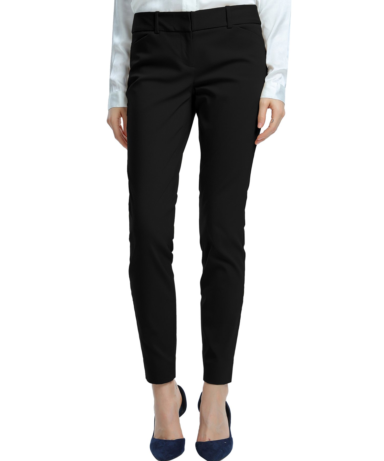 SATINATO Dress Pants for Women Work Slacks Casual Business Office Straight Stretch Slim Skinny Solid Trousers (16 Long, Black)