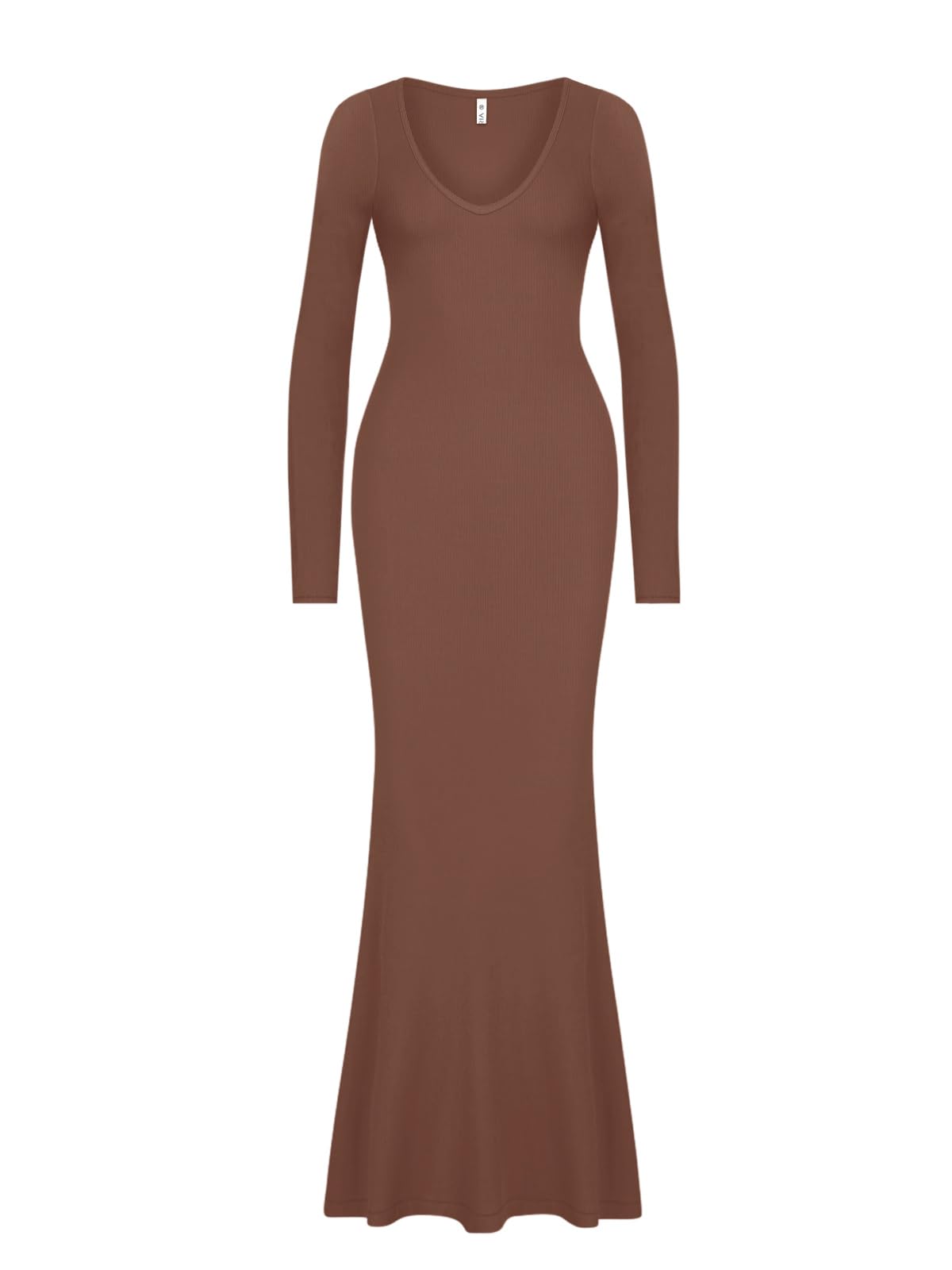 REORIA Women's Sexy Soft Lounge Ribbed Long Dress Fall Elegant Formal Wedding Guest Long Sleeve Deep V Neck Bodycon Maxi Dresses Coffee X-Large