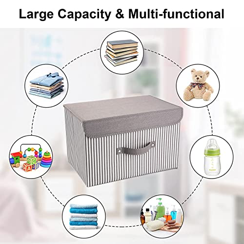 mee'life Foldable Storage Boxes with Lids 2 Pack Linen Fabric Storage Bins with Lids, Closet Organizers and Storage Baskets Cubes for Home Bedroom Closet Office (Grey Stripes, 14.9x9.8x9.8in)