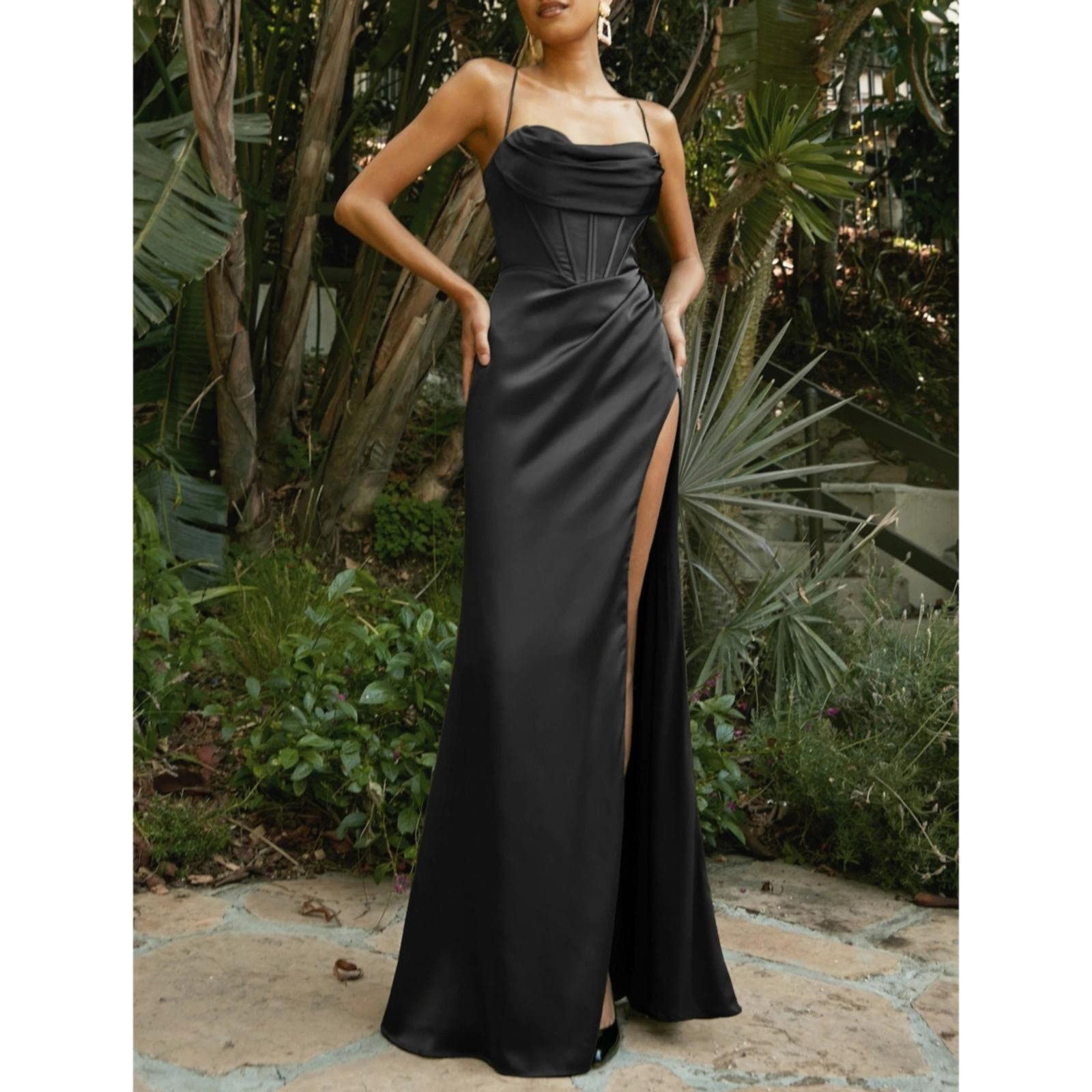Business Dresses for Women Ladies Simulated Silk Sleeveless Back Strap Side Slit Long Suspender Dress Black