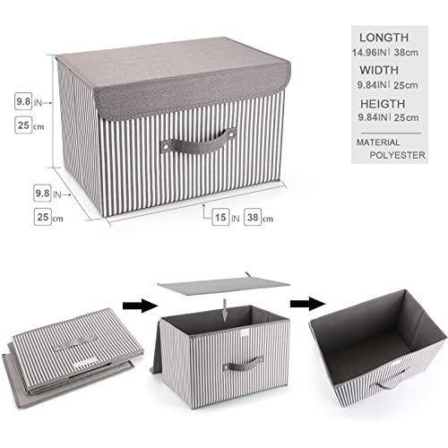 mee'life Foldable Storage Boxes with Lids 2 Pack Linen Fabric Storage Bins with Lids, Closet Organizers and Storage Baskets Cubes for Home Bedroom Closet Office (Grey Stripes, 14.9x9.8x9.8in)
