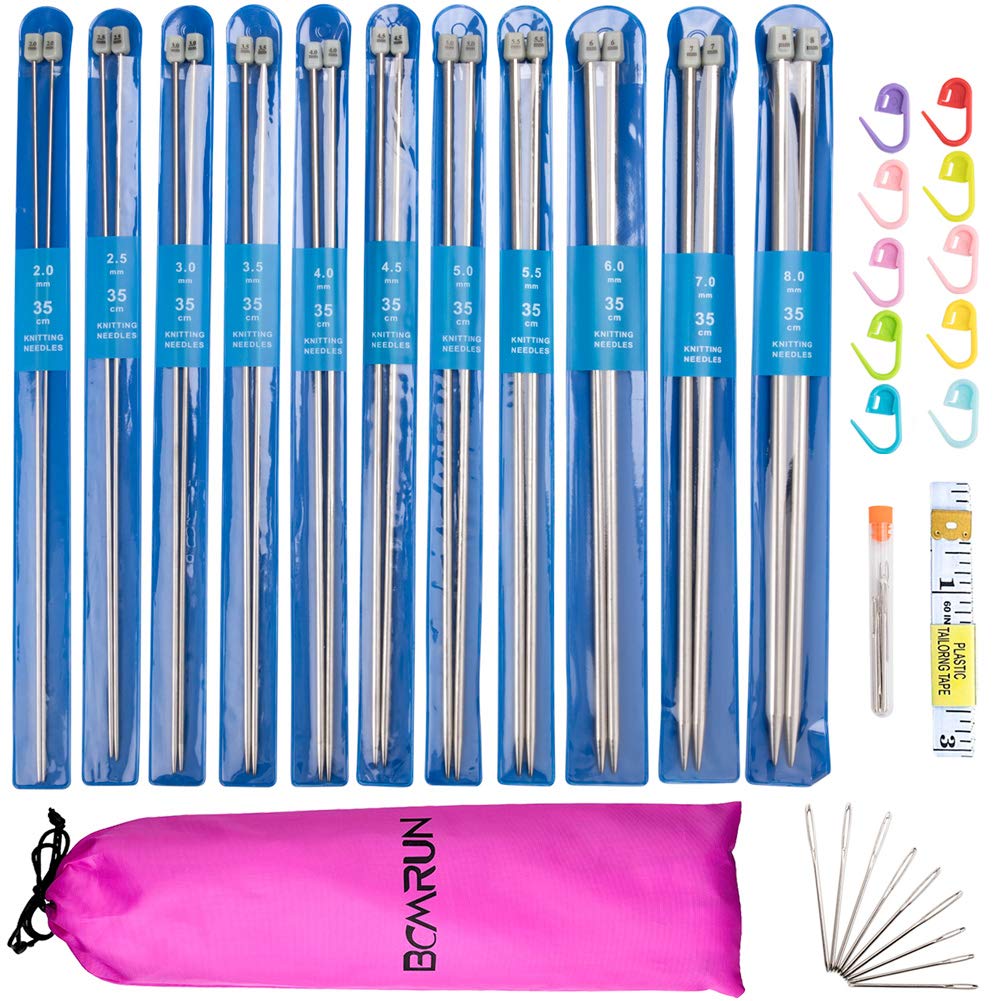 Knitting Needle Set, BCMRUN 22PCS 2mm(B)-8mm(L) Straight Single Pointed Stainless Steel Sweater Needles Set(11Pair-11 Size,9.8 inch) with Locking Stitch Makers Large-Eye Needles Measure Tape (36CM)