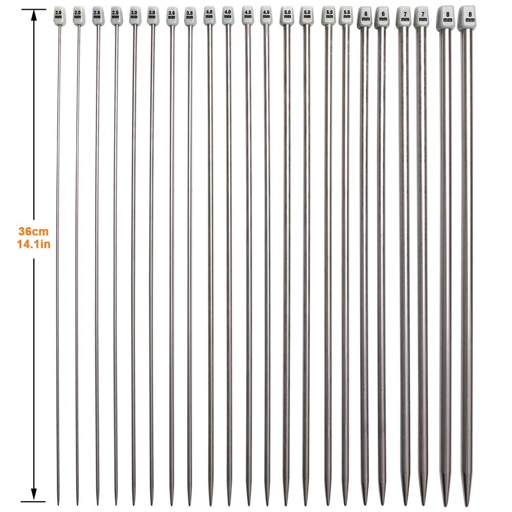 Knitting Needle Set, BCMRUN 22PCS 2mm(B)-8mm(L) Straight Single Pointed Stainless Steel Sweater Needles Set(11Pair-11 Size,9.8 inch) with Locking Stitch Makers Large-Eye Needles Measure Tape (36CM)
