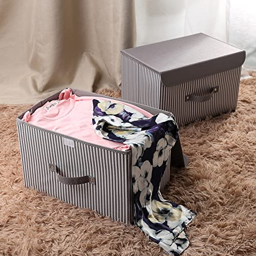 mee'life Foldable Storage Boxes with Lids 2 Pack Linen Fabric Storage Bins with Lids, Closet Organizers and Storage Baskets Cubes for Home Bedroom Closet Office (Grey Stripes, 14.9x9.8x9.8in)
