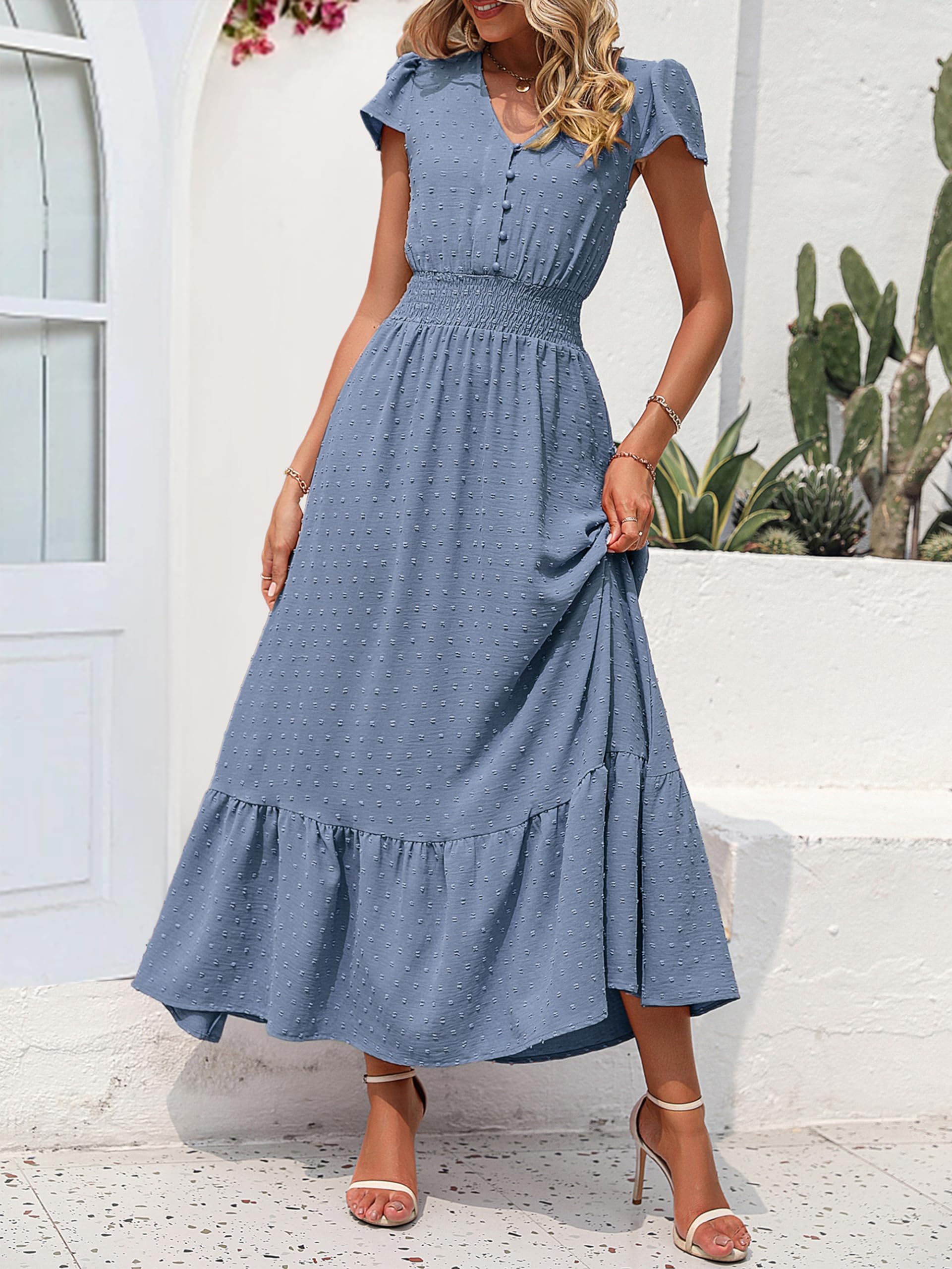 PRETTYGARDEN Womens 2024 Spring Swiss Dot Maxi Dress Short Sleeve V Neck Smocked Waist Ruffle Tiered Flowy Long Party Dresses(Grey Blue, Medium)