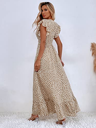 MakeMeChic Women's Allover Print Ruffle Sleeve V Neck Ruffle Hem A Line Summer Maxi Dress Khaki L