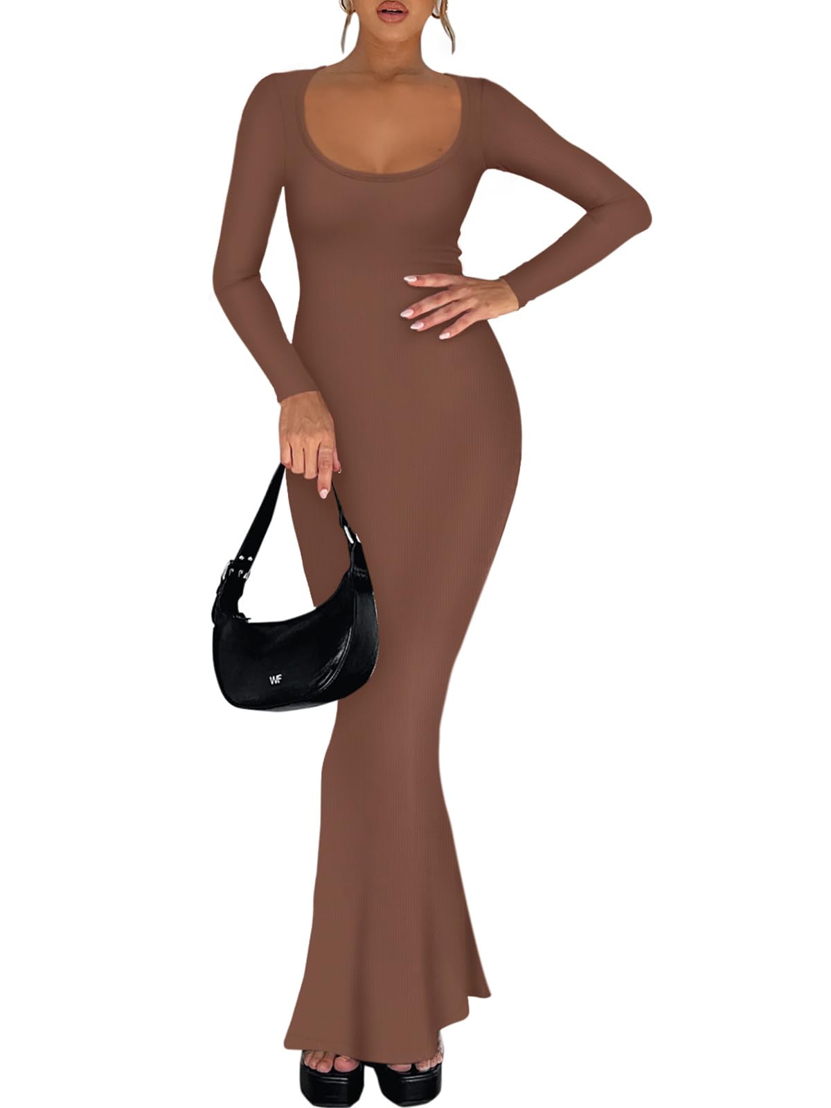 REORIA Womens Sexy Casual Scoop Square Neck Long Sleeve Soft Lounge Long Dress Fall Wedding Guest Elegant Ribbed Bodycon Maxi Dresses Coffee Large