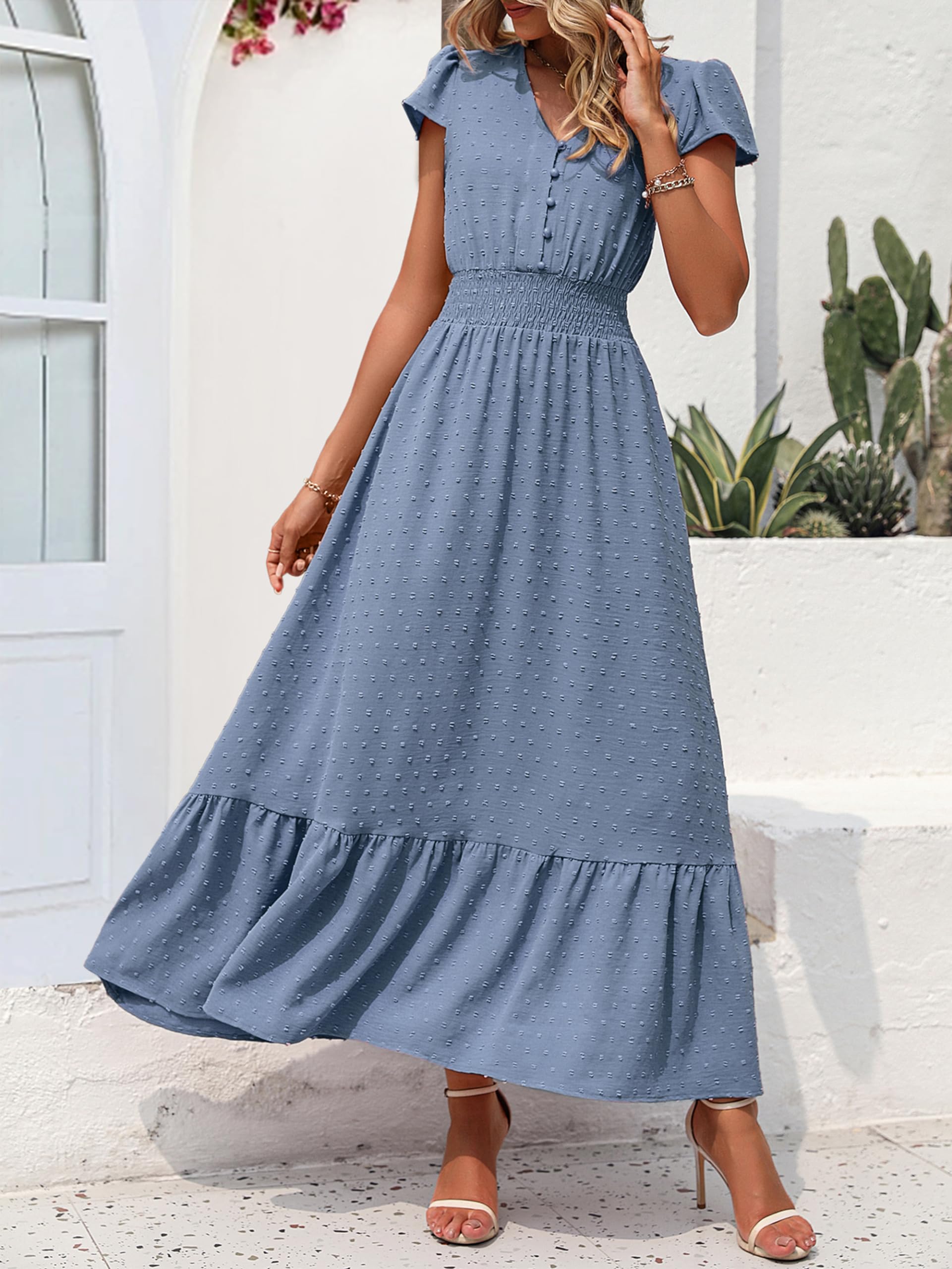 PRETTYGARDEN Womens 2024 Spring Swiss Dot Maxi Dress Short Sleeve V Neck Smocked Waist Ruffle Tiered Flowy Long Party Dresses(Grey Blue, Medium)