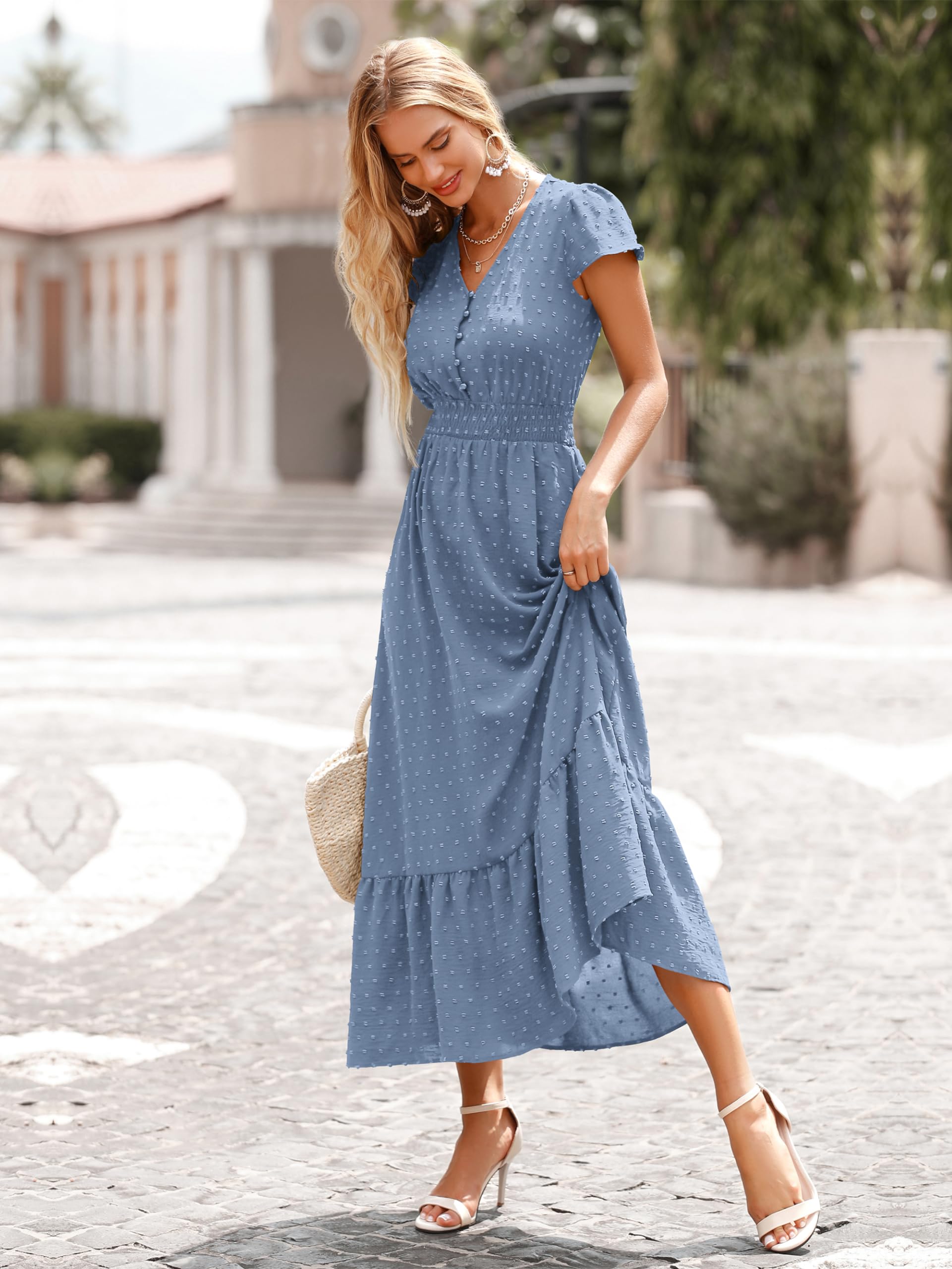 PRETTYGARDEN Womens 2024 Spring Swiss Dot Maxi Dress Short Sleeve V Neck Smocked Waist Ruffle Tiered Flowy Long Party Dresses(Grey Blue, Medium)