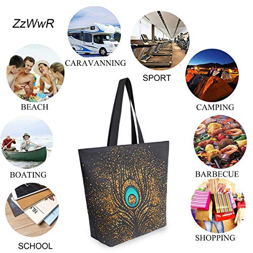 ZzWwR Beautiful Gold Sparkling Peacock Feather Extra Large Canvas Shoulder Tote Top Handle Bag for Gym Beach Travel Shopping