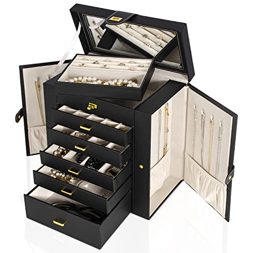 AKOZLIN Huge Jewelry Box Organizer Functional Lockable, Extra Large Leather Jewelry Storage Case for Women Girls Ring Necklace Earring Bracelet Holder Organizer with Mirror Black