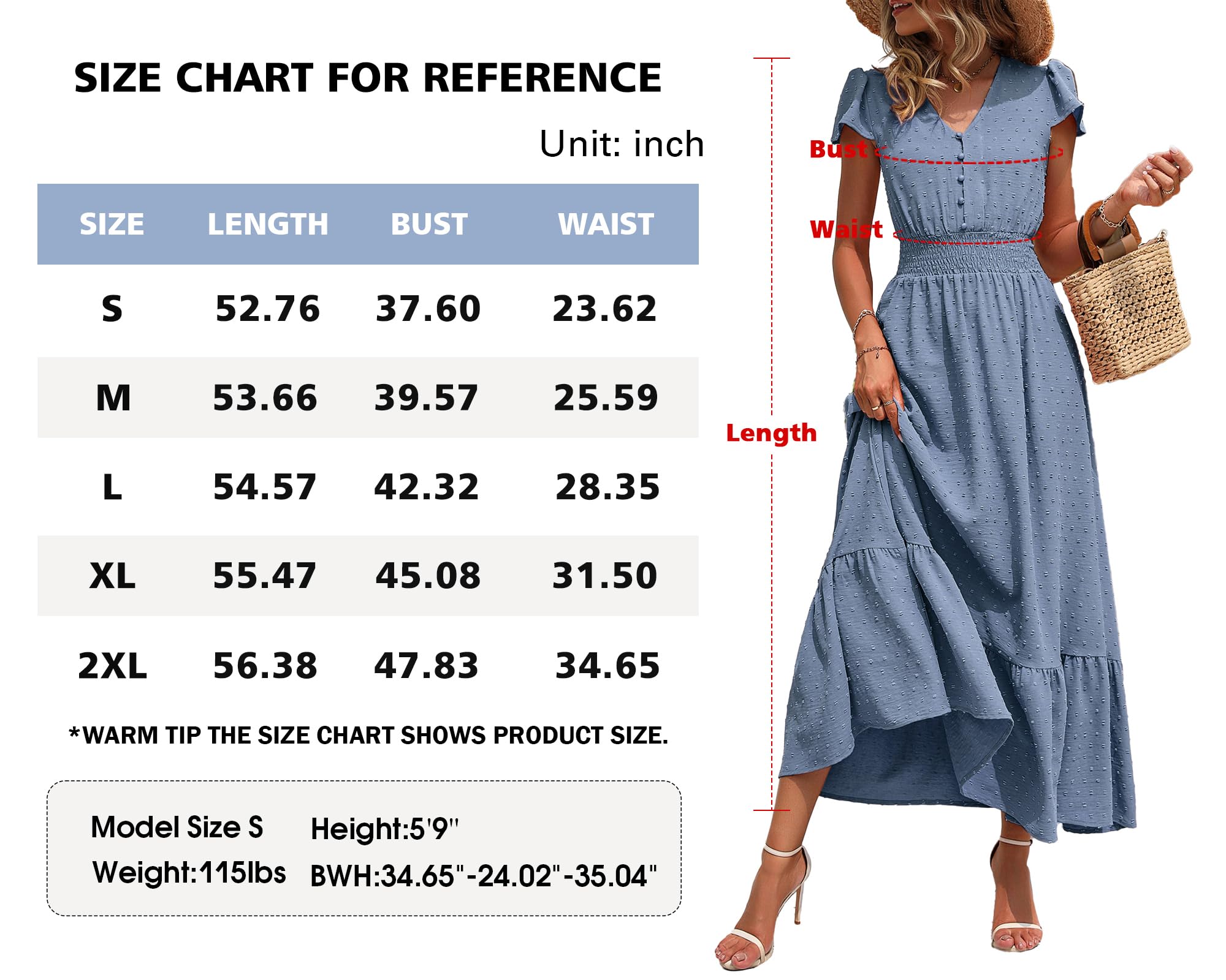 PRETTYGARDEN Womens 2024 Spring Swiss Dot Maxi Dress Short Sleeve V Neck Smocked Waist Ruffle Tiered Flowy Long Party Dresses(Grey Blue, Medium)