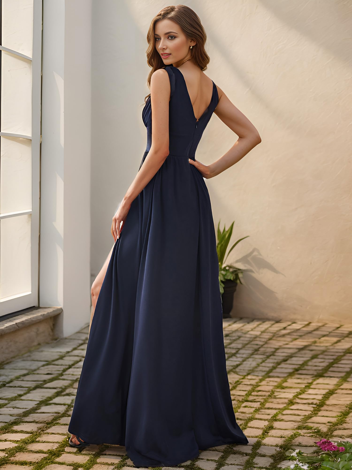 Ever-Pretty Women's Bridesmaid Dresses Deep V-Neck Sleeveless Side Slit Floor Length Wedding Guest Dress Navy Blue US4
