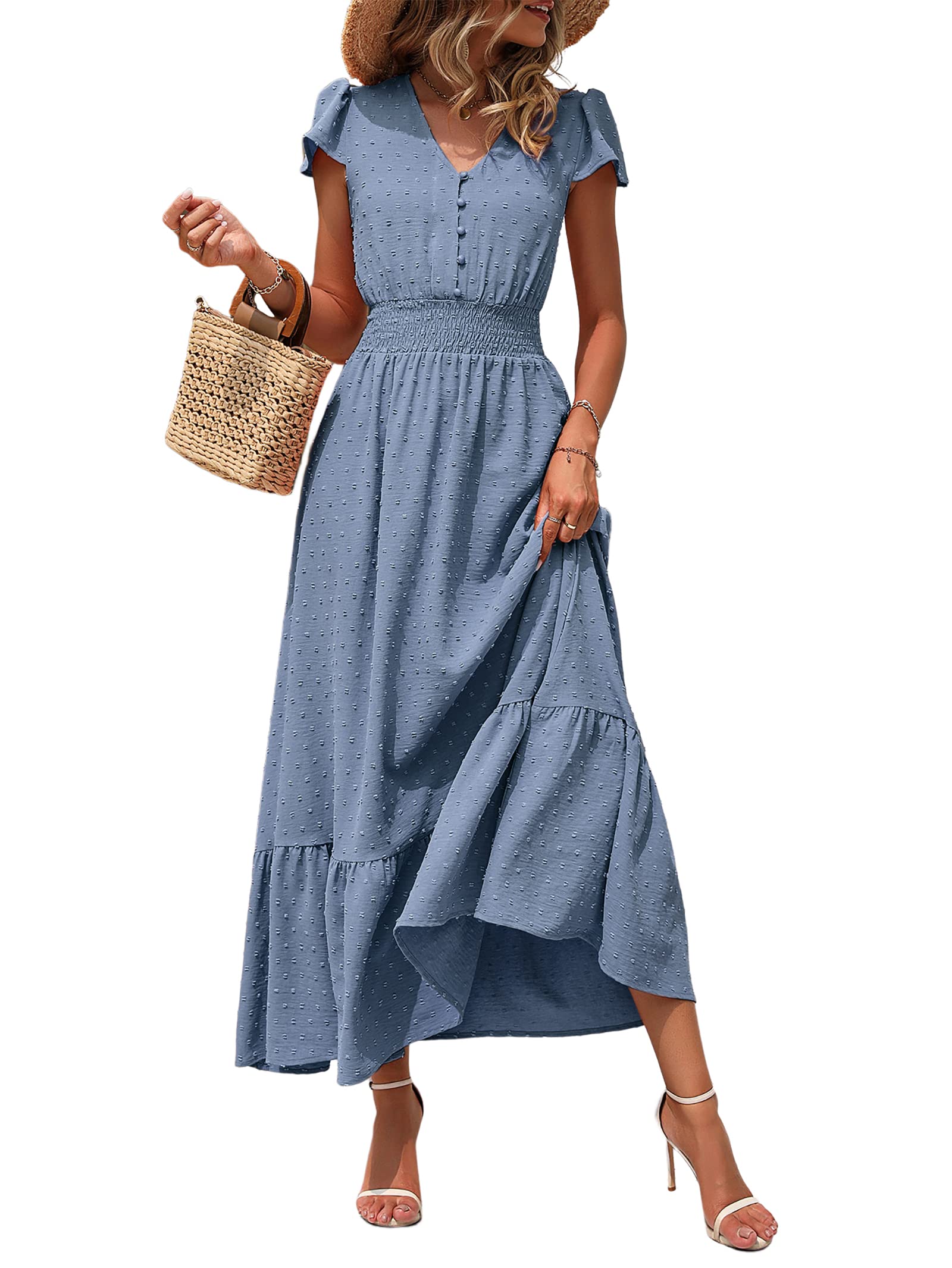 PRETTYGARDEN Womens 2024 Spring Swiss Dot Maxi Dress Short Sleeve V Neck Smocked Waist Ruffle Tiered Flowy Long Party Dresses(Grey Blue, Medium)