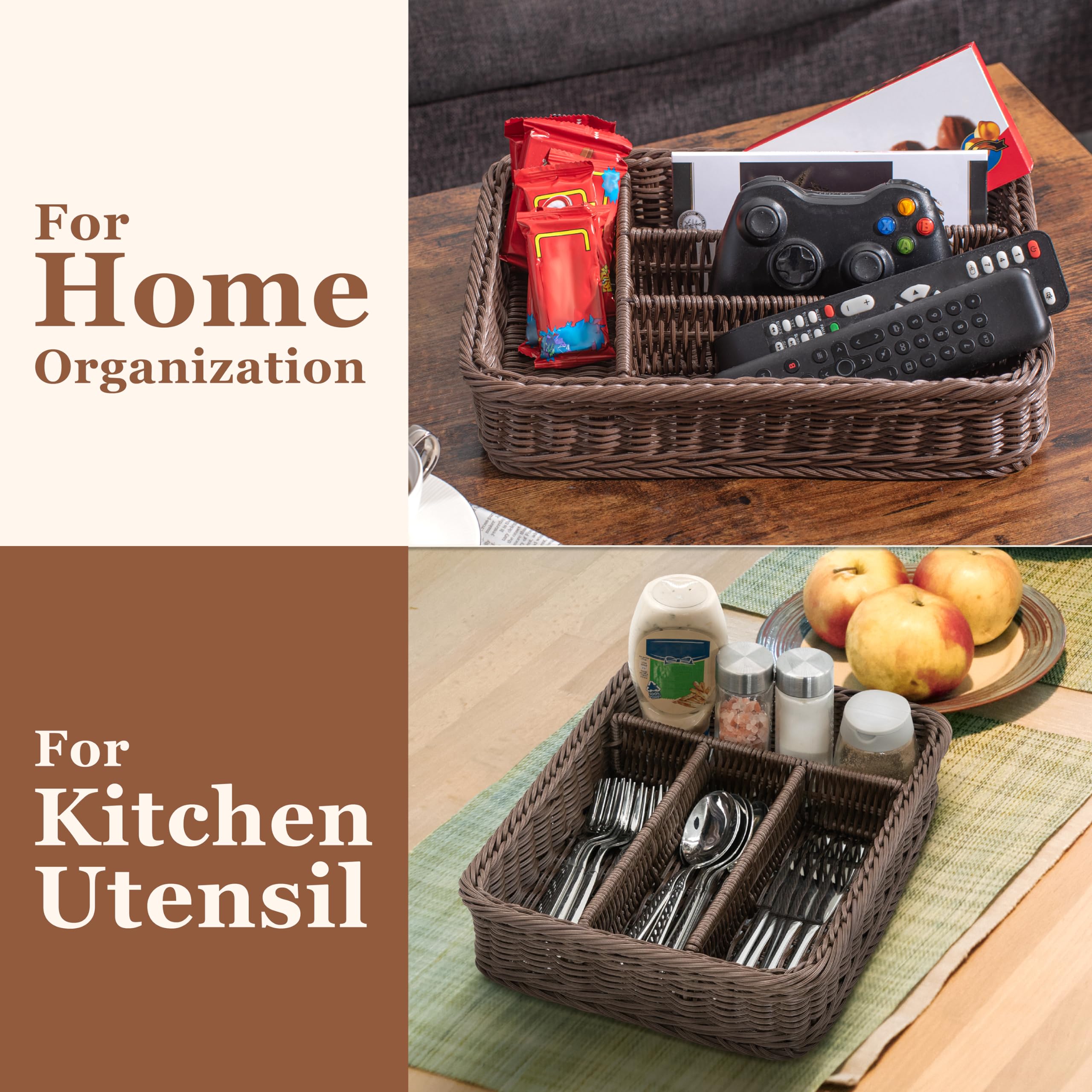 myHomeBody Rectangle Wicker Utensil Holder | Utensil Organizer | Cutlery Organizer for Kitchen Organization | Kitchen Utensil Drawer Organizer Kitchen Accessories | 1 pc, Dark Brown