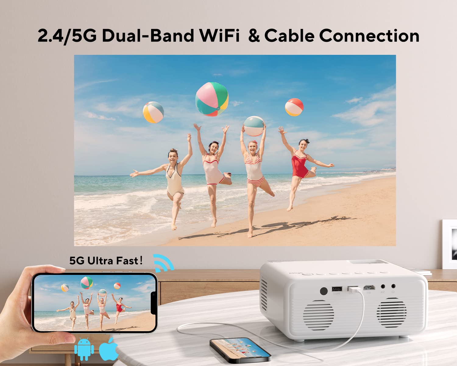 Native 1080P HD Projector, WiFi Projector, AKIYO 300" Mini Portable Movie Projector with Carrying Bag, Home Theater Video Projector, Compatible with HDMI, USB, Laptop, DVD, iOS, and Android Smartphone