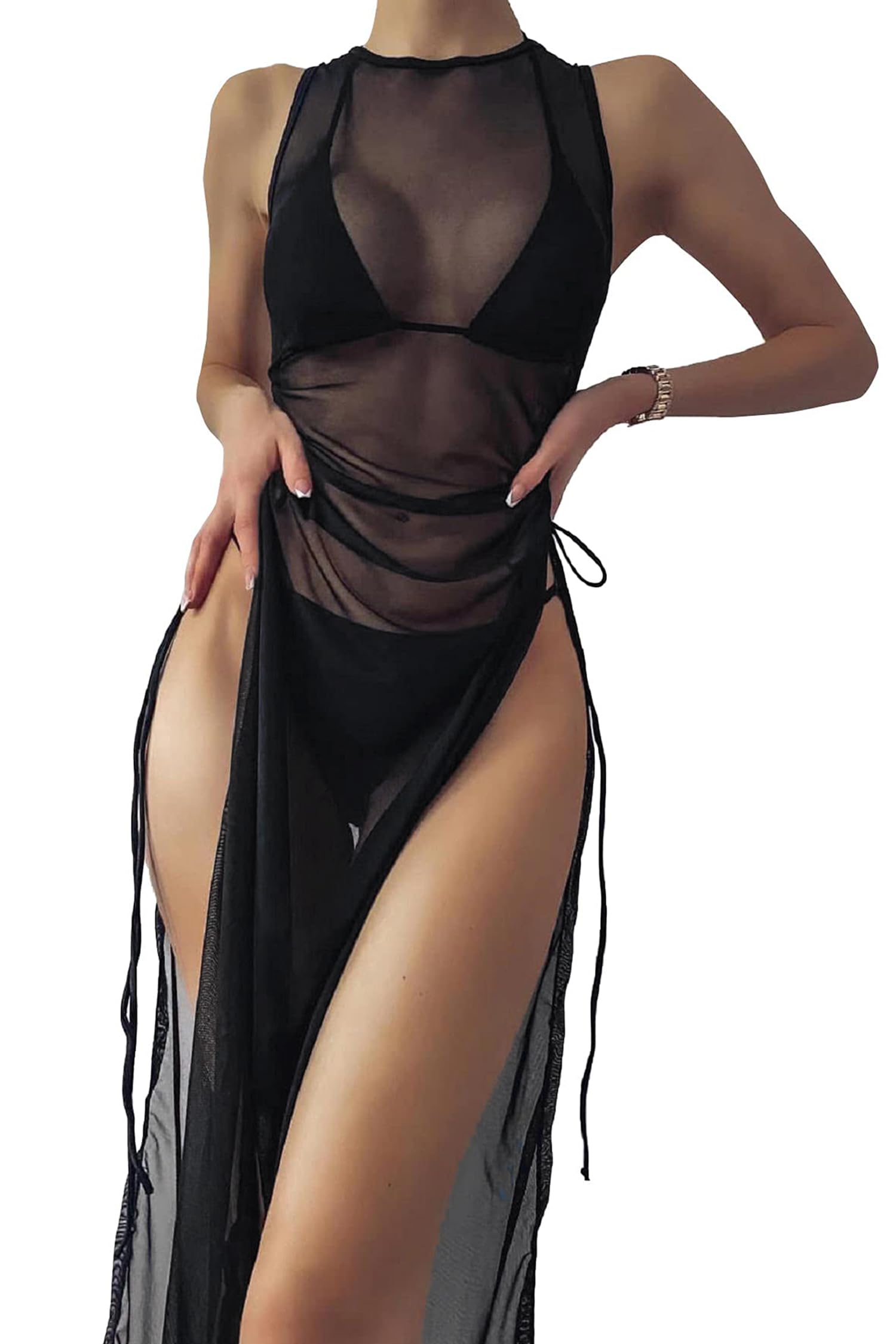 Women's Swimsuit Cover Up Mesh Maxi Dress Sheer High Split Bathing Suit Bikini Swimwear Cover Up Dress with Drawstring Black S