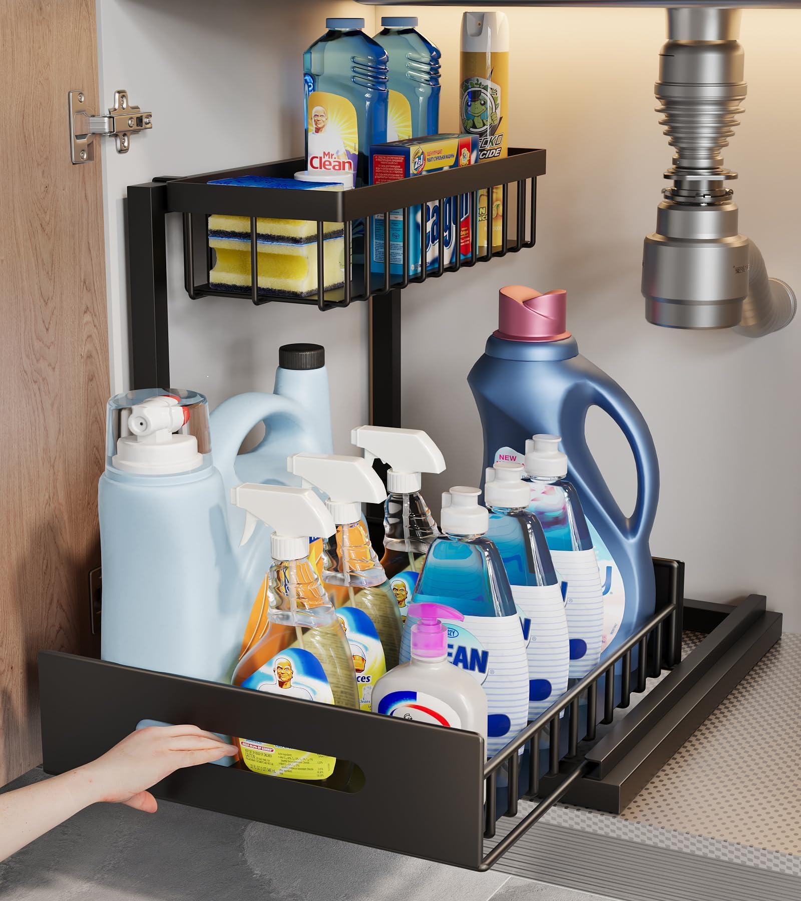 Solidhouse Under Sink Organizer, 2-Tier Under Kitchen Bathroom Sink Organizer and Storage, No Drilling Rustproof Stainless Steel Pull Out Shelf for Kitchen Bathroom (Black)