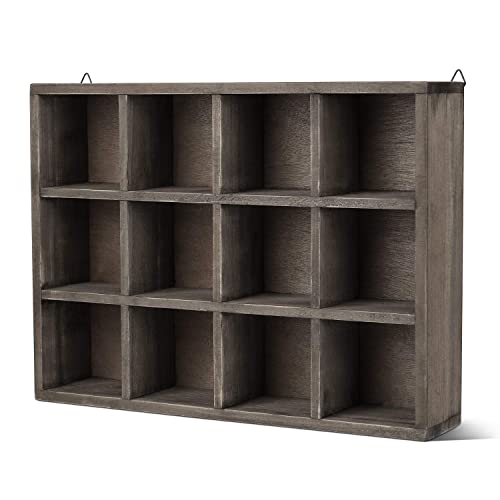 Flexzion Floating Shelf - Brown Wood Wall Mounted Freestanding Shelving Unit Wooden Wall Shelf 12 Compartment Slot Shadow Box, Showcase Display Organizer Shelf Vertical/Horizontal