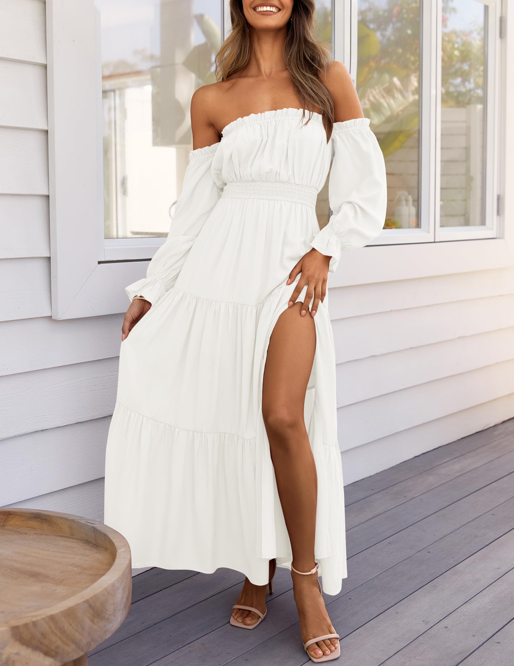 ZESICA Women's 2024 Boho Sexy Off Shoulder Long Sleeve Smocked High Waist Side Split Flowy A Line Tiered Long Maxi Dress,White,Medium