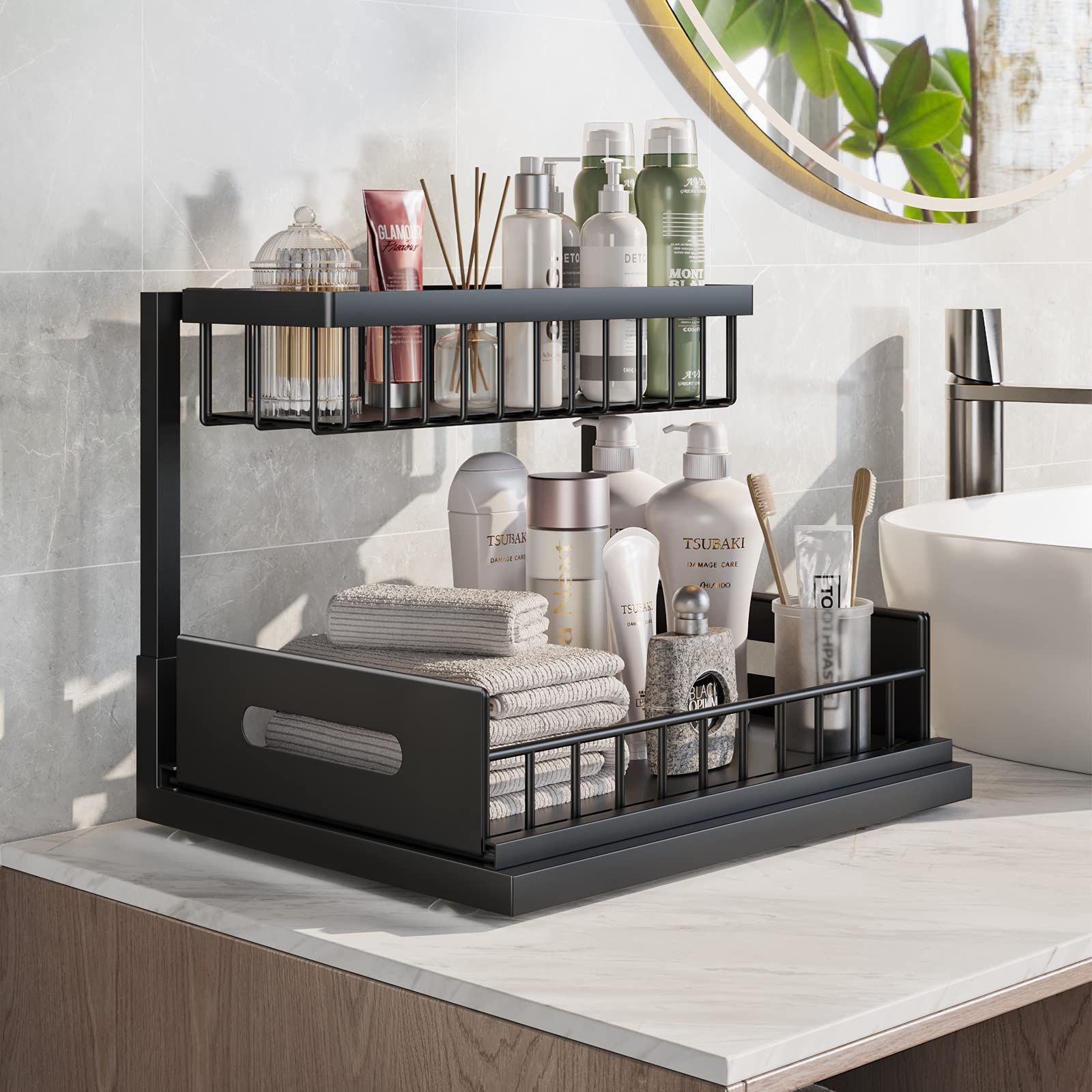 Solidhouse Under Sink Organizer, 2-Tier Under Kitchen Bathroom Sink Organizer and Storage, No Drilling Rustproof Stainless Steel Pull Out Shelf for Kitchen Bathroom (Black)