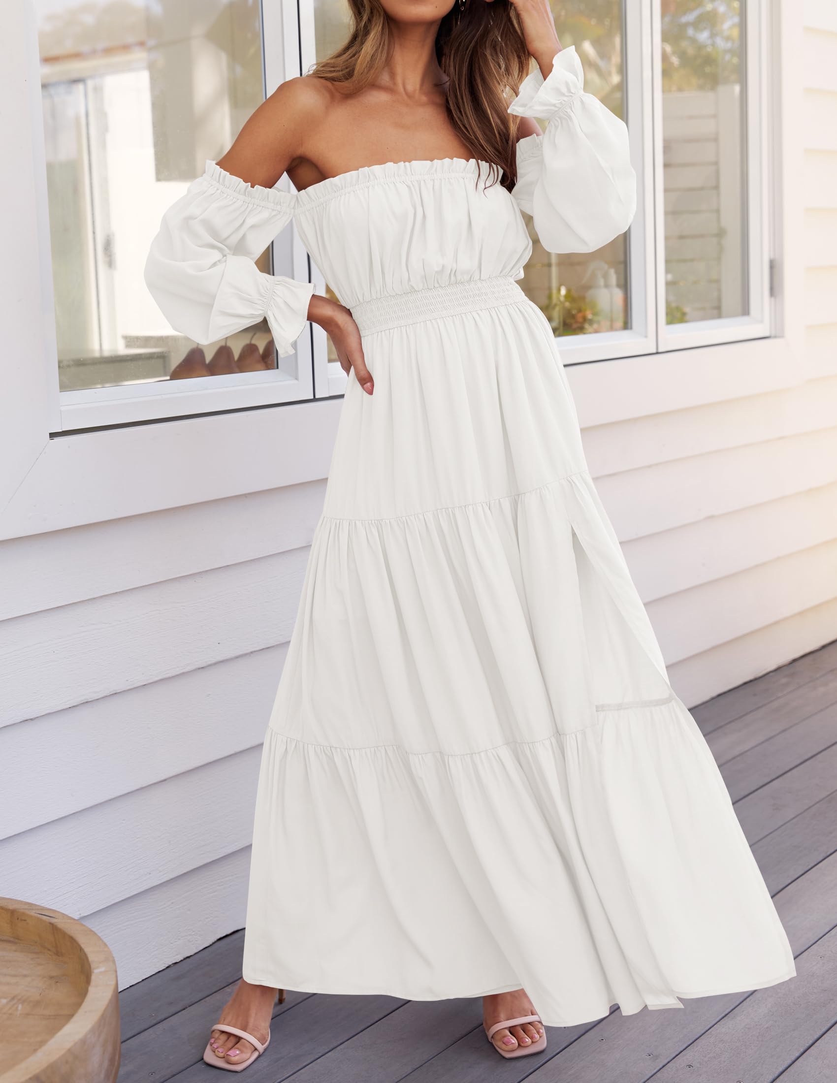 ZESICA Women's 2024 Boho Sexy Off Shoulder Long Sleeve Smocked High Waist Side Split Flowy A Line Tiered Long Maxi Dress,White,Medium