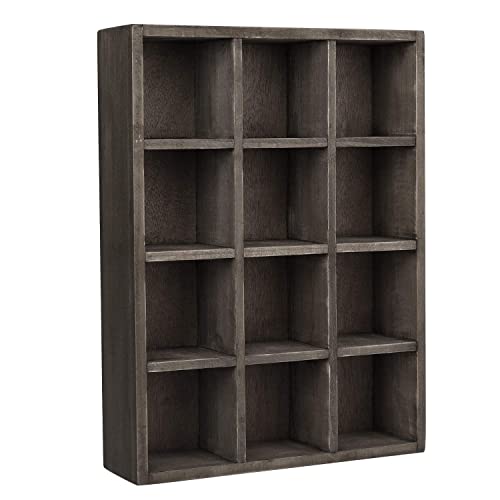 Flexzion Floating Shelf - Brown Wood Wall Mounted Freestanding Shelving Unit Wooden Wall Shelf 12 Compartment Slot Shadow Box, Showcase Display Organizer Shelf Vertical/Horizontal