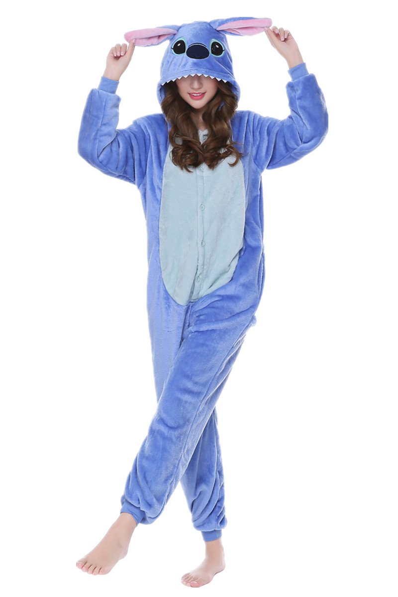 Canday Stitch Jumpsuits Cartoon Unisex Pajamas Onesies Adult Soft Cosplay Halloween Sleepwear Teens Costume (Blue, Medium)