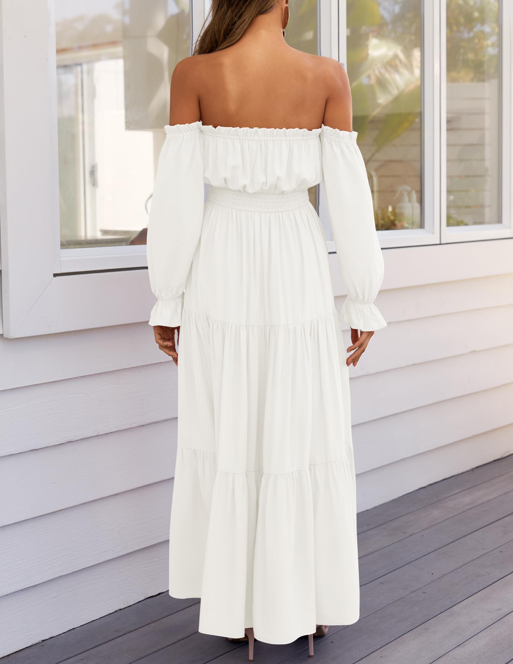 ZESICA Women's 2024 Boho Sexy Off Shoulder Long Sleeve Smocked High Waist Side Split Flowy A Line Tiered Long Maxi Dress,White,Medium