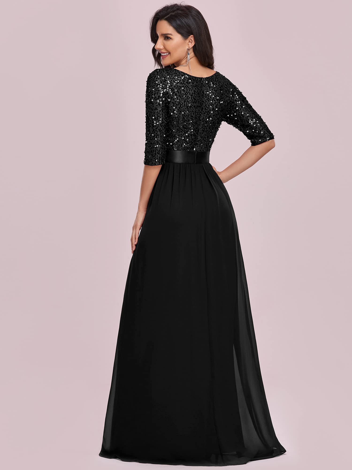 Ever-Pretty Women's Elegant A Line Crew Neck Half Sleeve Sequin Maxi Evening Dress Black US10