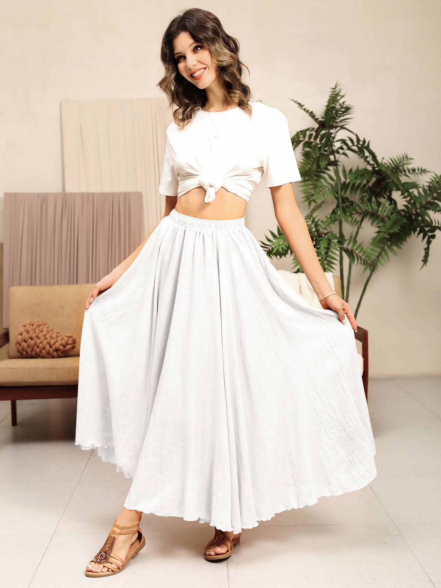 Ezcosplay Women Bohemian Beach A-Line Dress Double Layer Elastic Waist Long Maxi Skirt