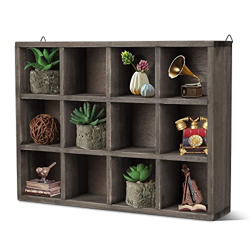 Flexzion Floating Shelf - Brown Wood Wall Mounted Freestanding Shelving Unit Wooden Wall Shelf 12 Compartment Slot Shadow Box, Showcase Display Organizer Shelf Vertical/Horizontal
