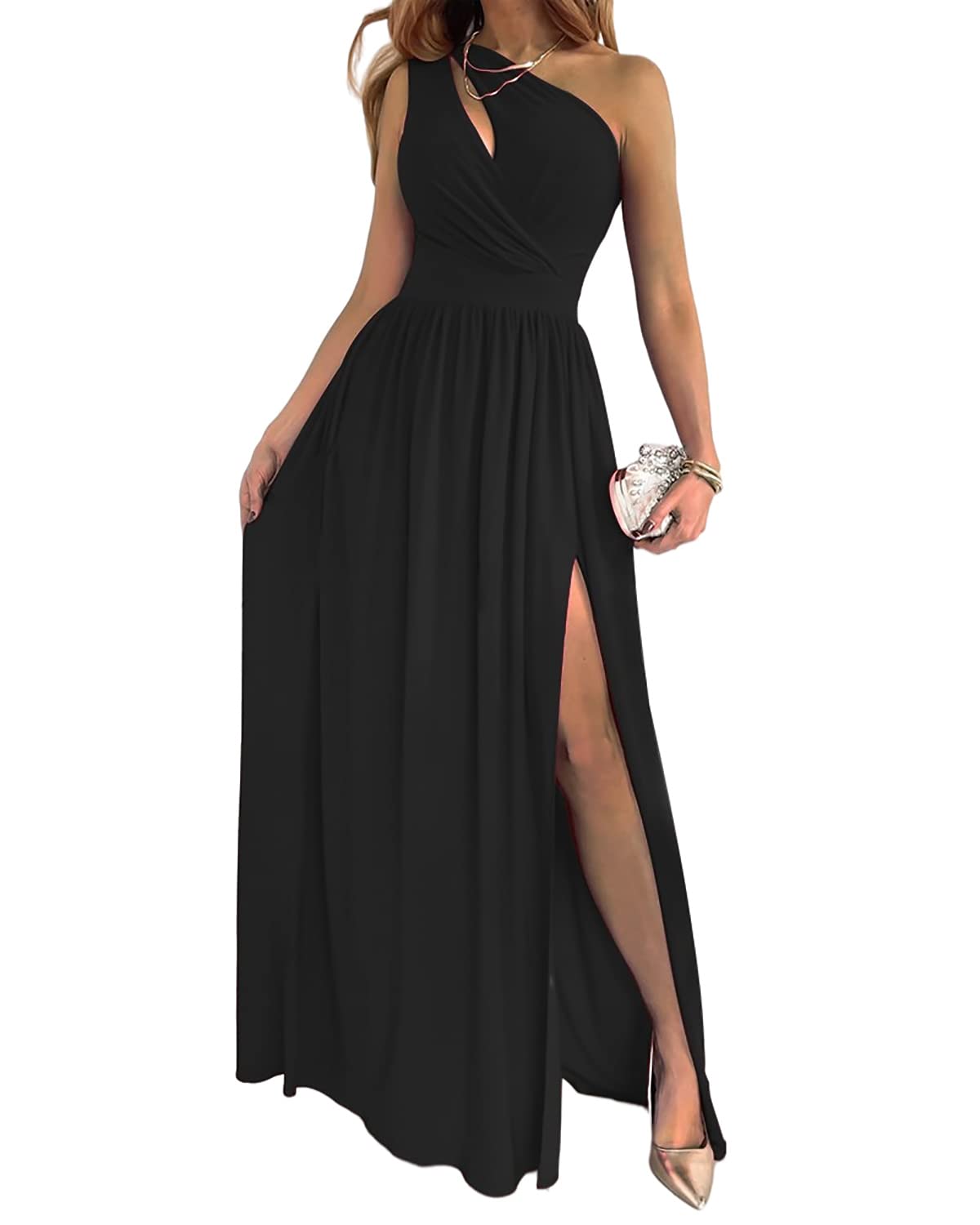 LYANER Women's One Shoulder High Split Cutout Sleeveless Elegant Party Maxi Dress Pure Black Medium