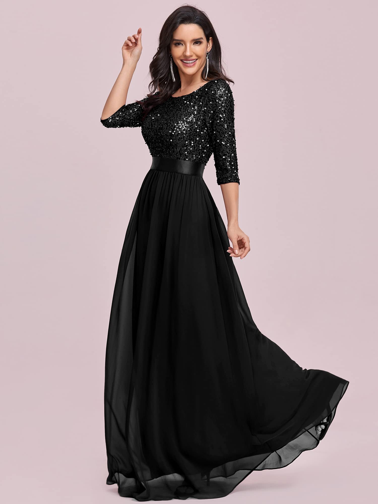 Ever-Pretty Women's Elegant A Line Crew Neck Half Sleeve Sequin Maxi Evening Dress Black US10