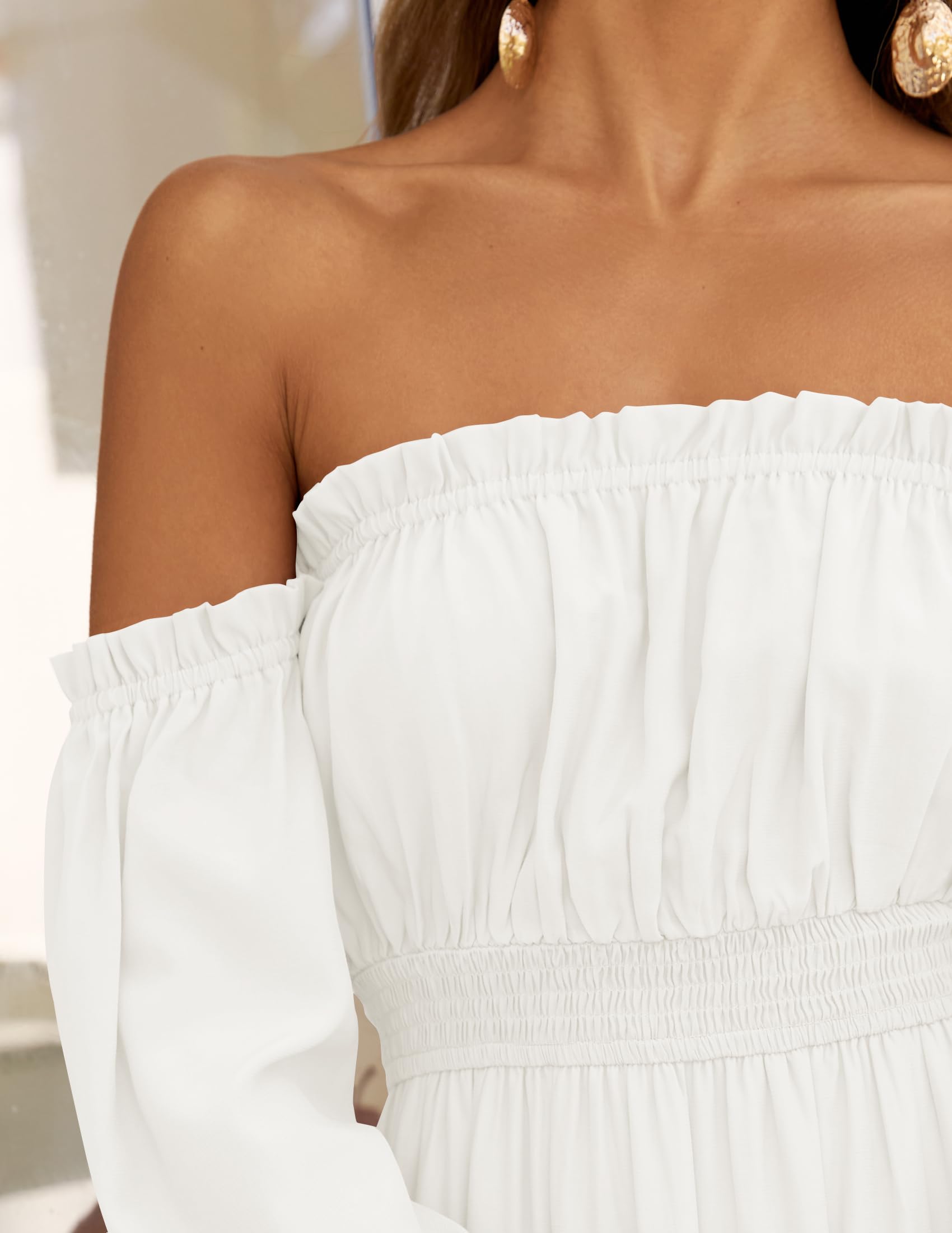 ZESICA Women's 2024 Boho Sexy Off Shoulder Long Sleeve Smocked High Waist Side Split Flowy A Line Tiered Long Maxi Dress,White,Medium